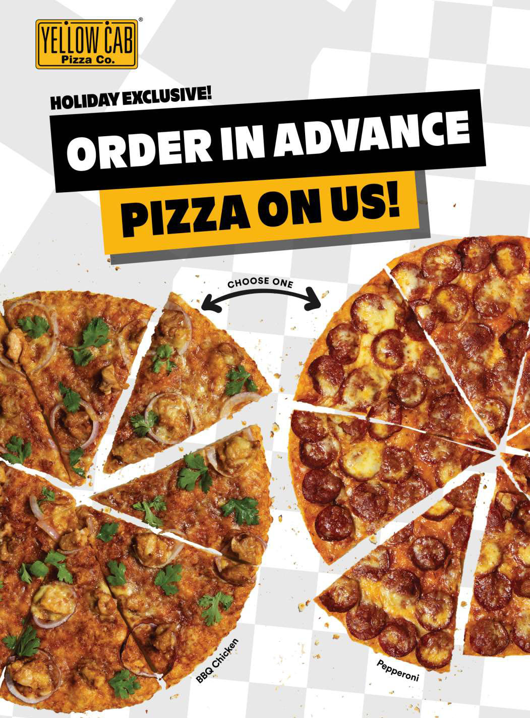 Get a FREE pizza with advance holiday orders from Yellow Cab - MegaBites